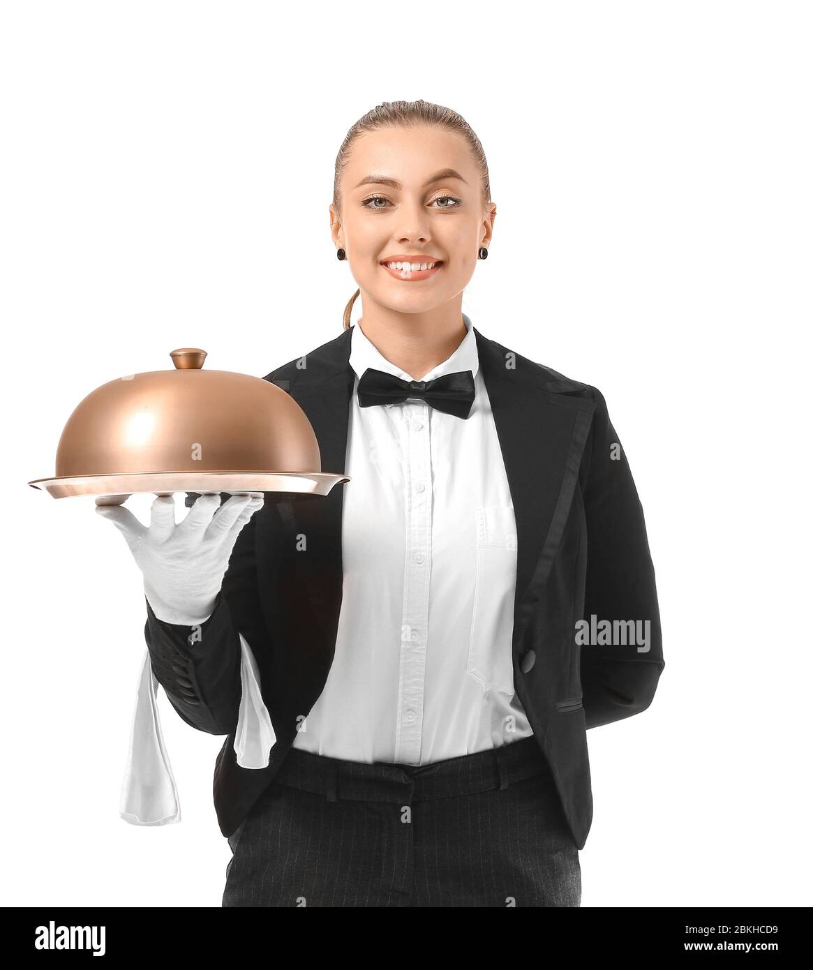 Beautiful female waiter on white background Stock Photo - Alamy