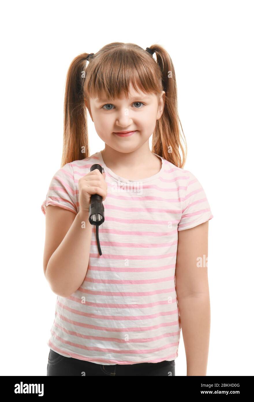 Little girl with flashlight on white background Stock Photo - Alamy