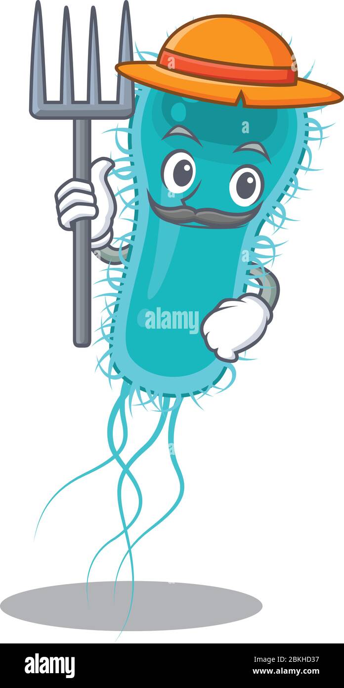 Cartoon character design of escherichia coli bacteria as a Farmer with ...