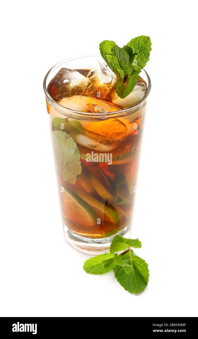 Glass of tasty cold ice tea on white background Stock Photo - Alamy