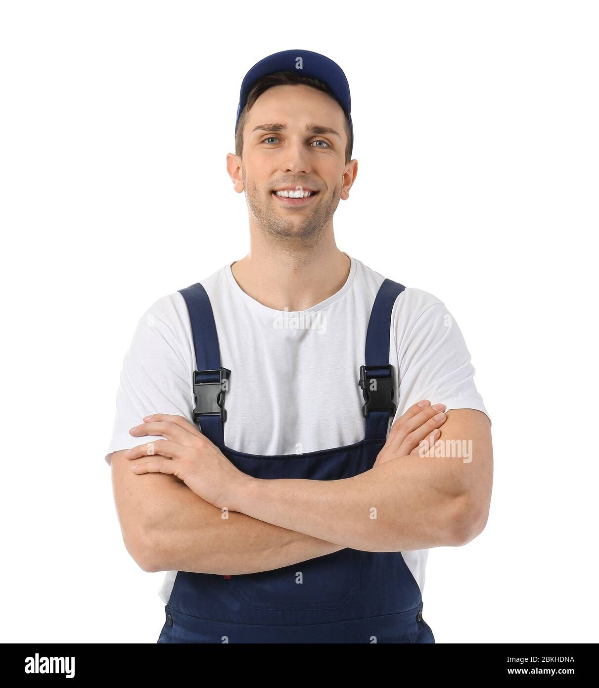 Male truck driver on white background Stock Photo - Alamy