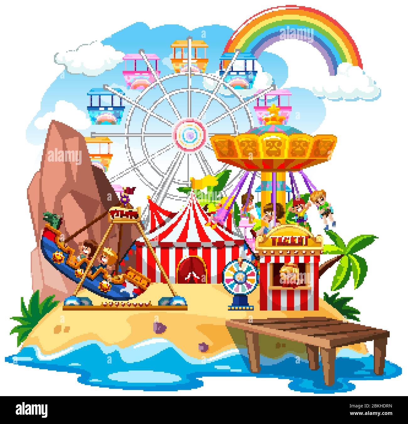 Themepark scene with many rides on the island illustration Stock Vector ...