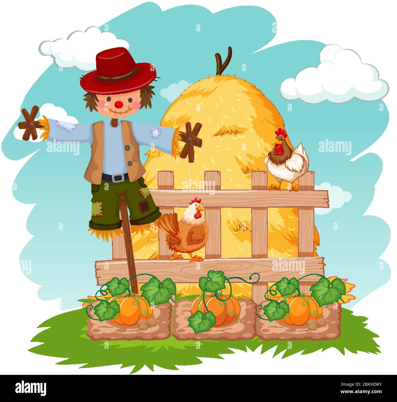 Scene with scarecrow and chickens on the farm illustration Stock Vector ...