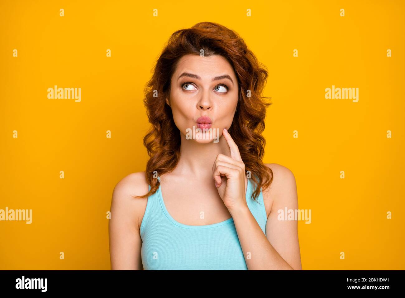Closeup photo of funny pretty curly lady finger on cheekbone cunning ...
