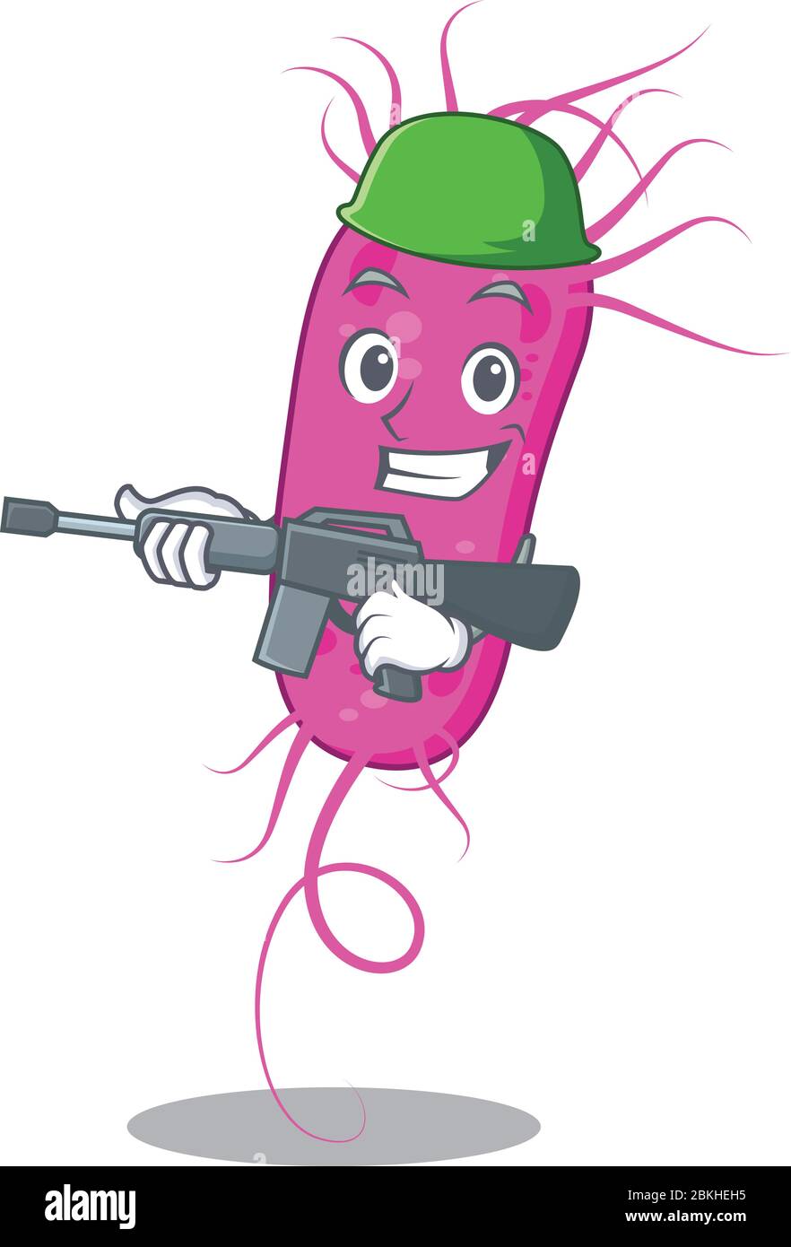 A cartoon picture of pseudomoa bacteria in Army style with machine gun ...