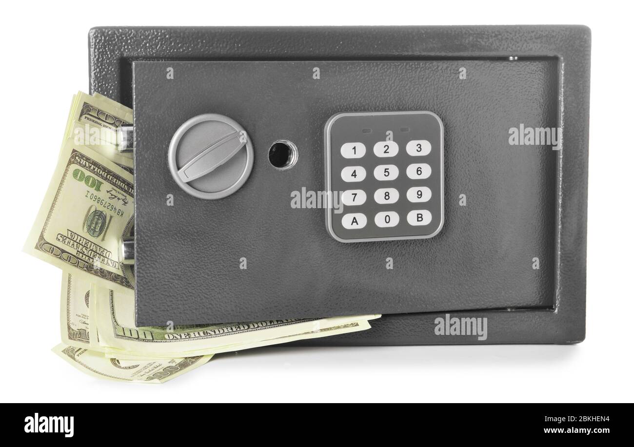 Modern safe with dollar banknotes on white background Stock Photo - Alamy