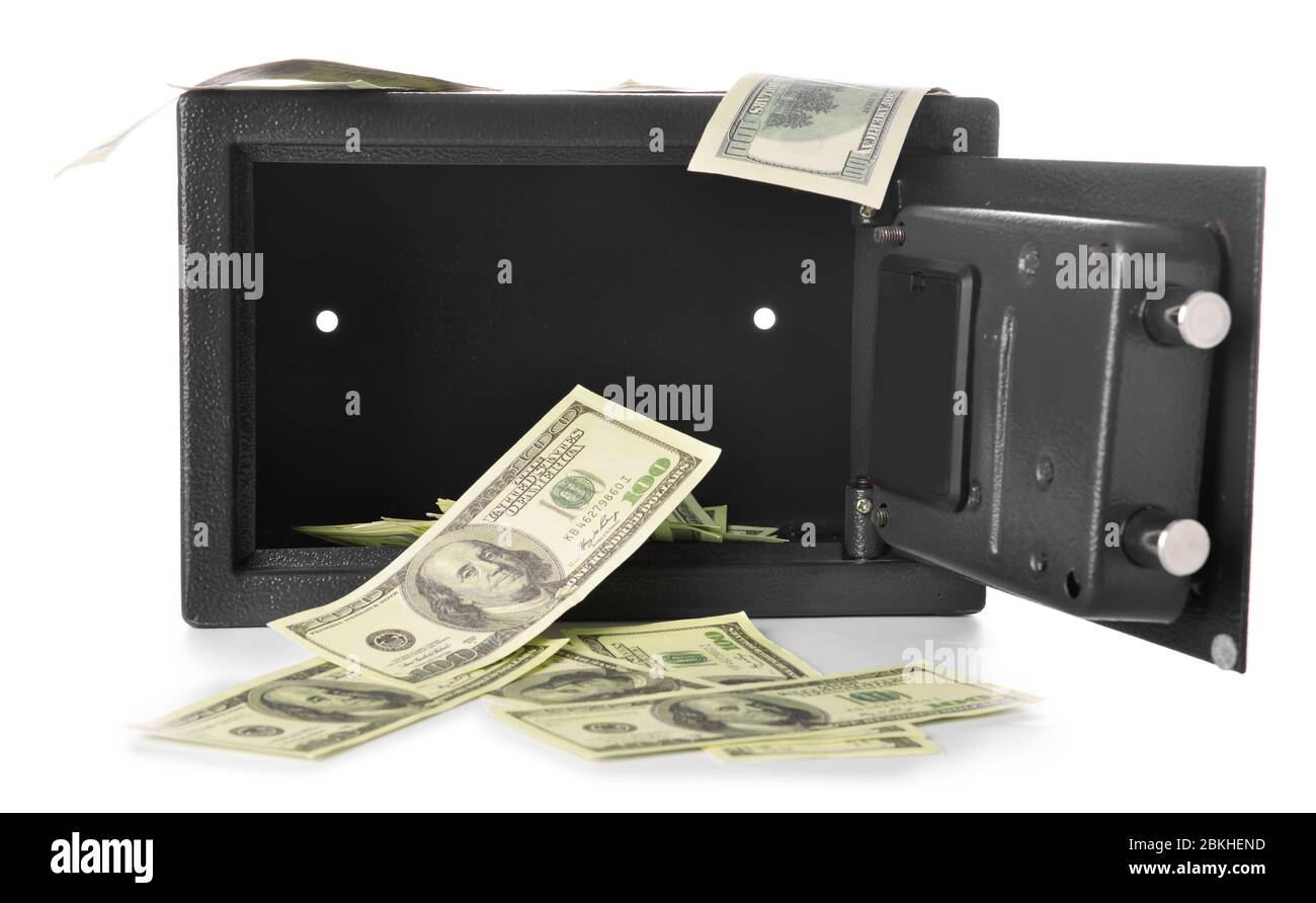 Modern safe with dollar banknotes on white background Stock Photo - Alamy
