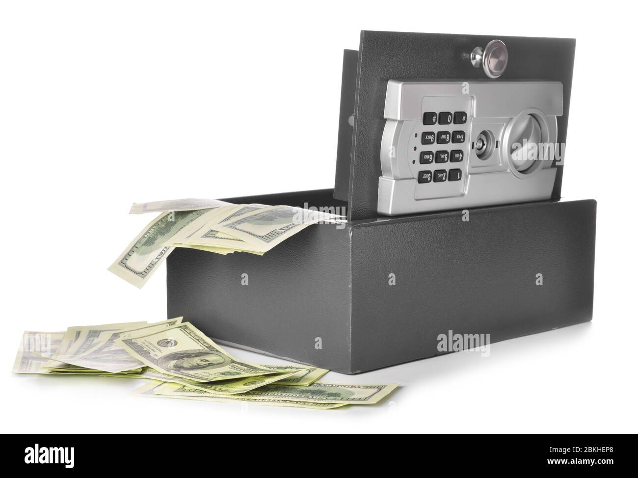 Modern safe with dollar banknotes on white background Stock Photo - Alamy