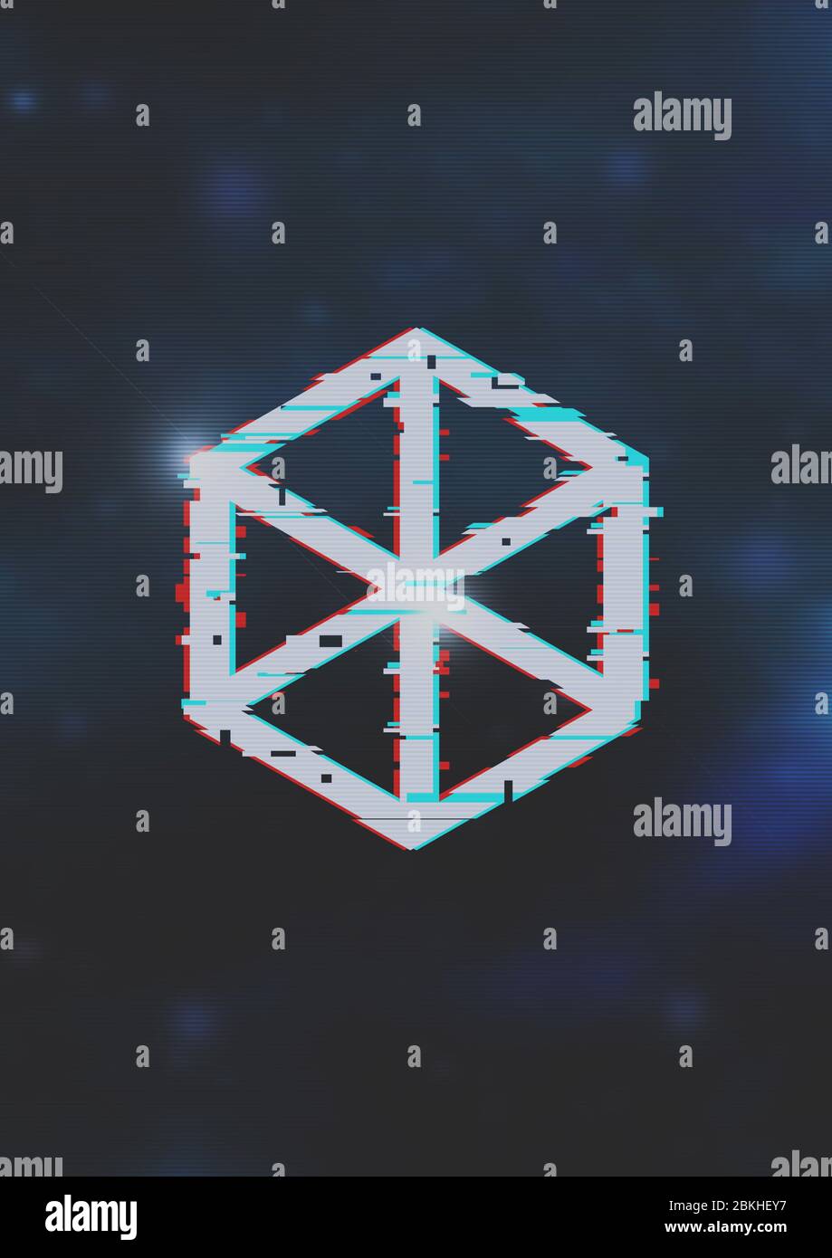 A retro synthwave style generic geometric isometric cube logo on a blue ...