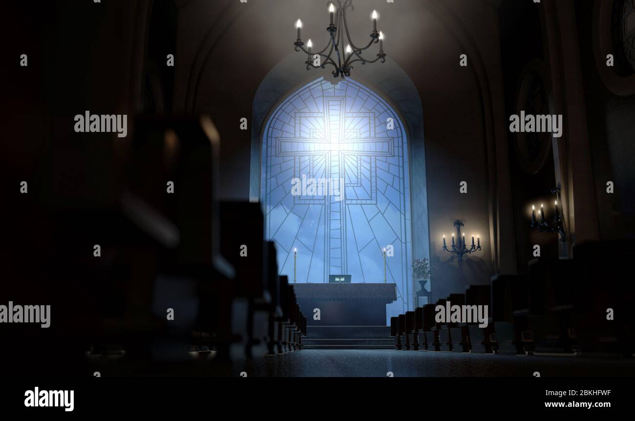 A dark church interior lit by suns rays through a crucifix stained ...
