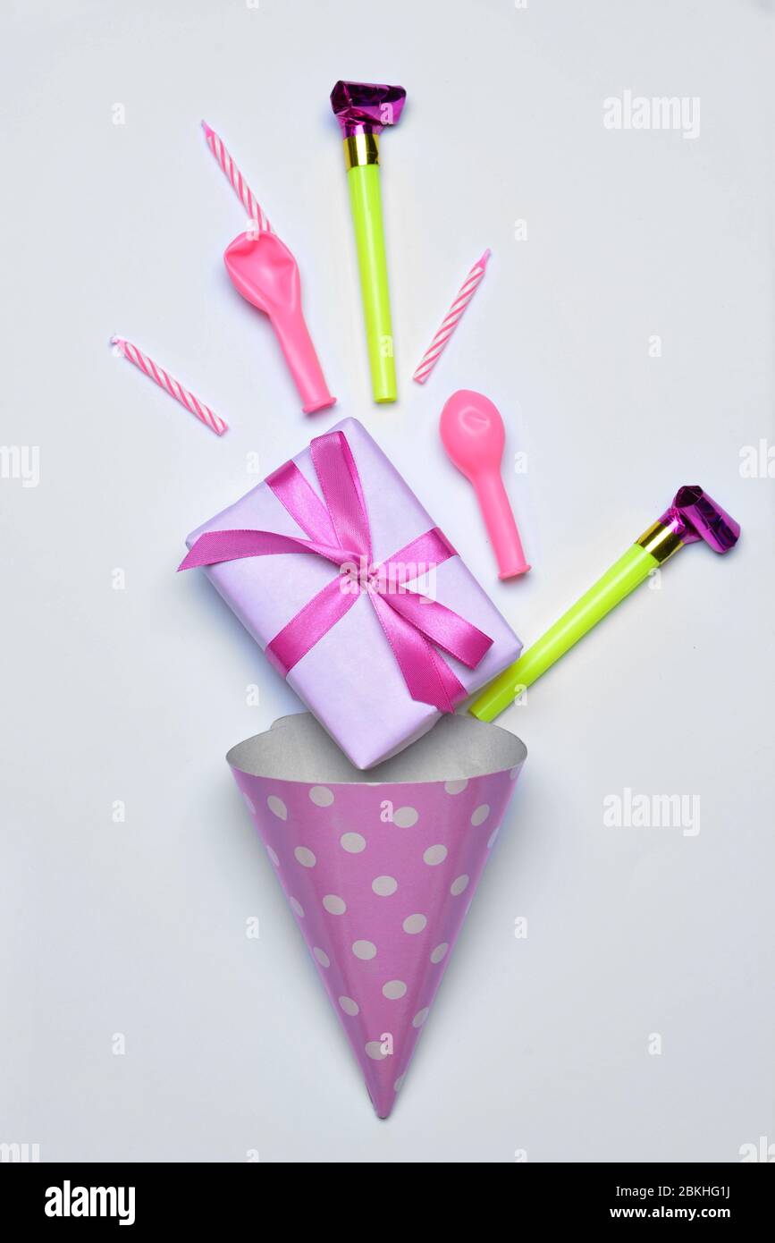 Birthday composition on white background Stock Photo - Alamy