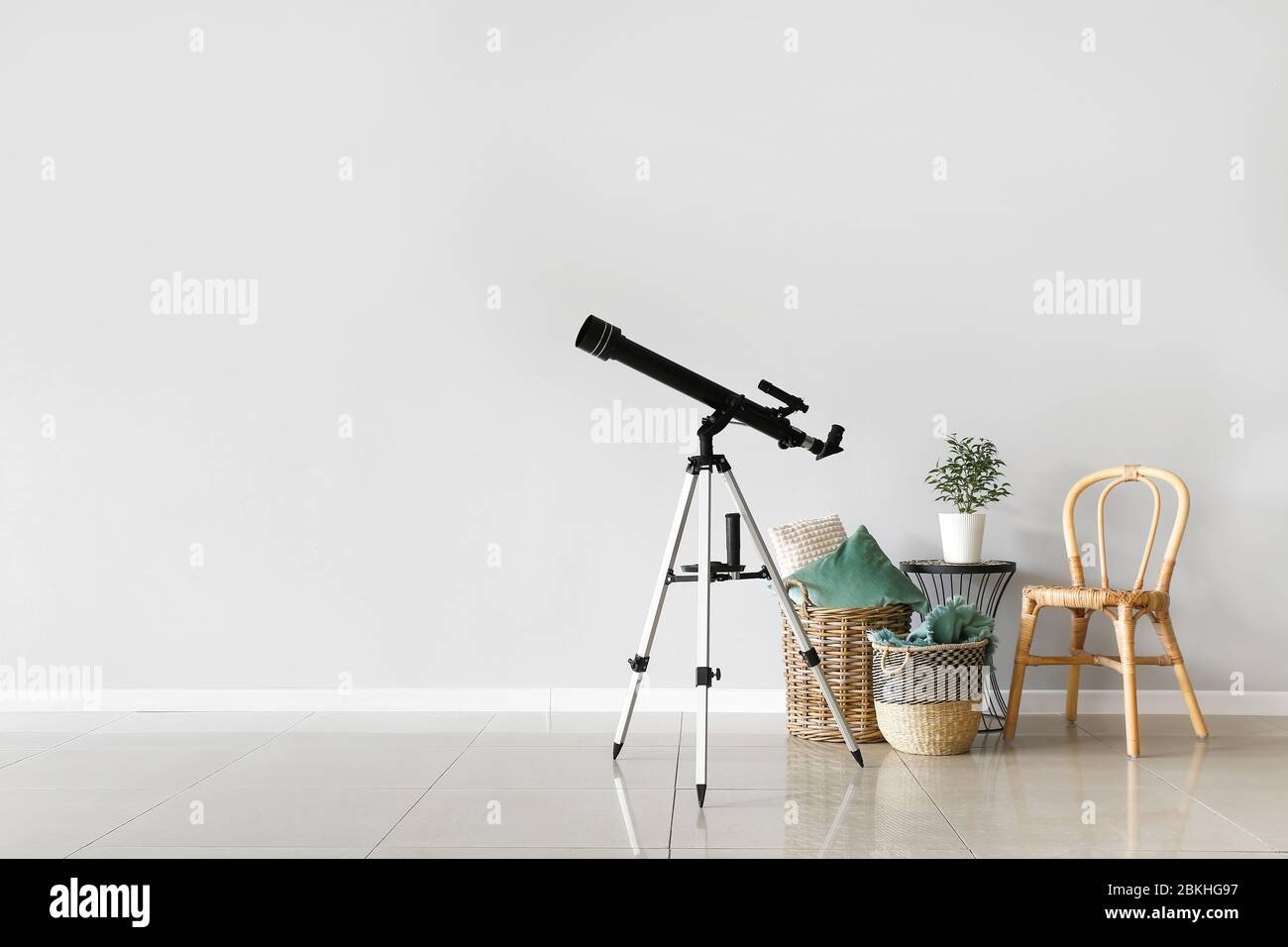 Interior of modern room with telescope Stock Photo - Alamy