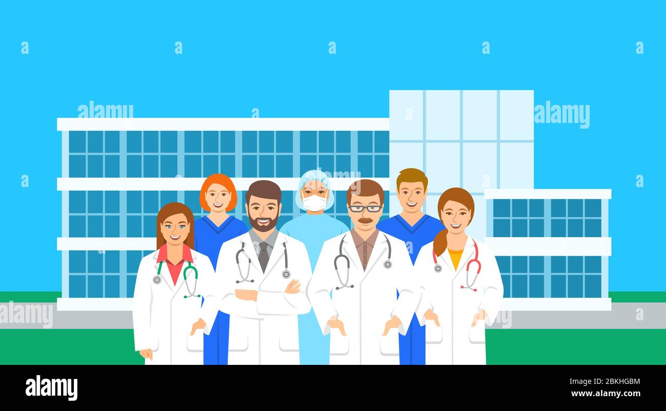Doctors and nurses team standing at the hospital building in different ...