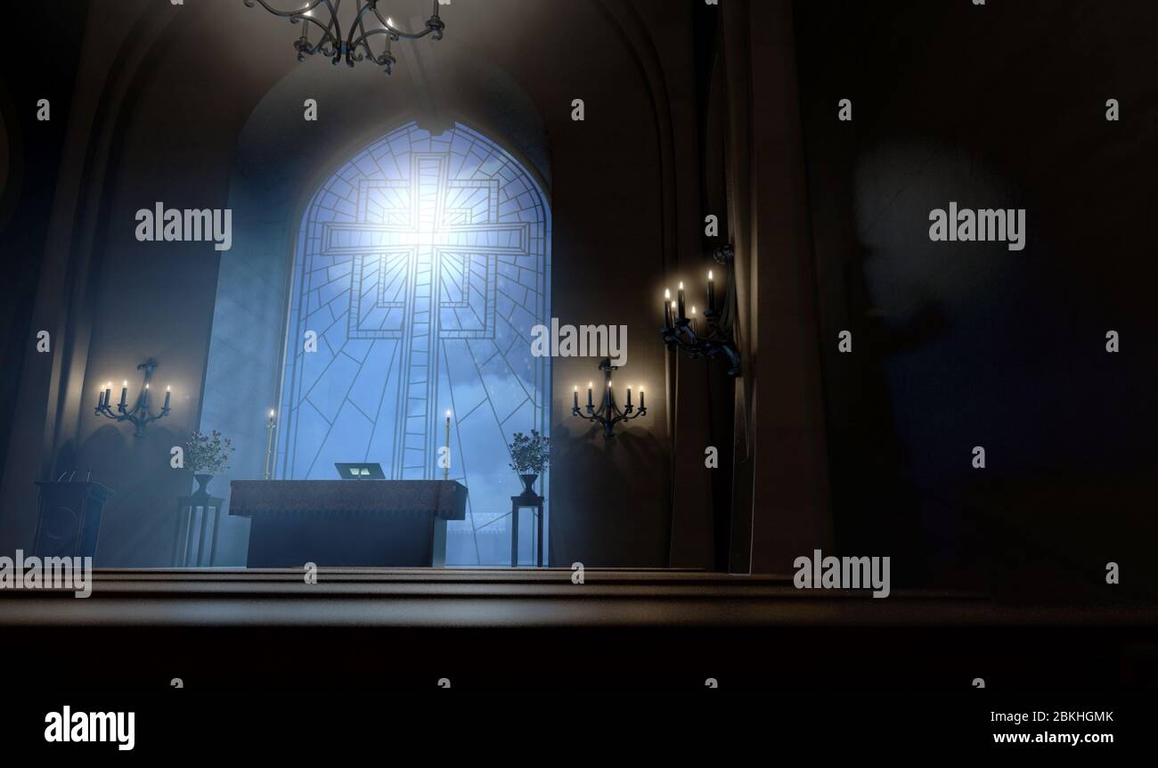 A dark church interior lit by suns rays through a crucifix stained ...