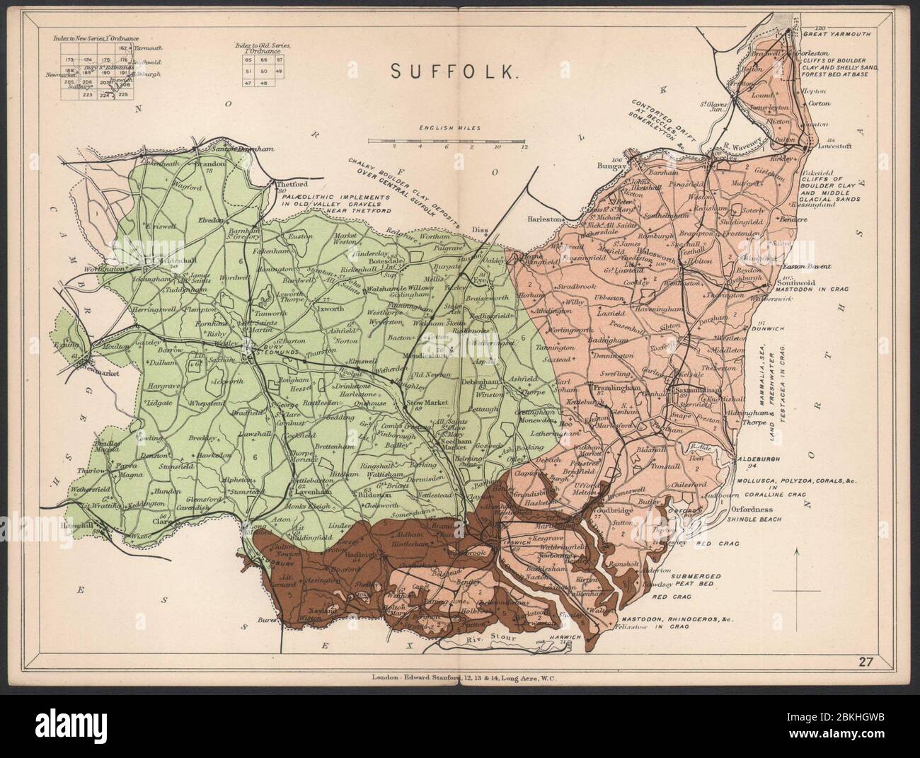 SUFFOLK Geological map. STANFORD 1907 old antique vintage plan chart ...