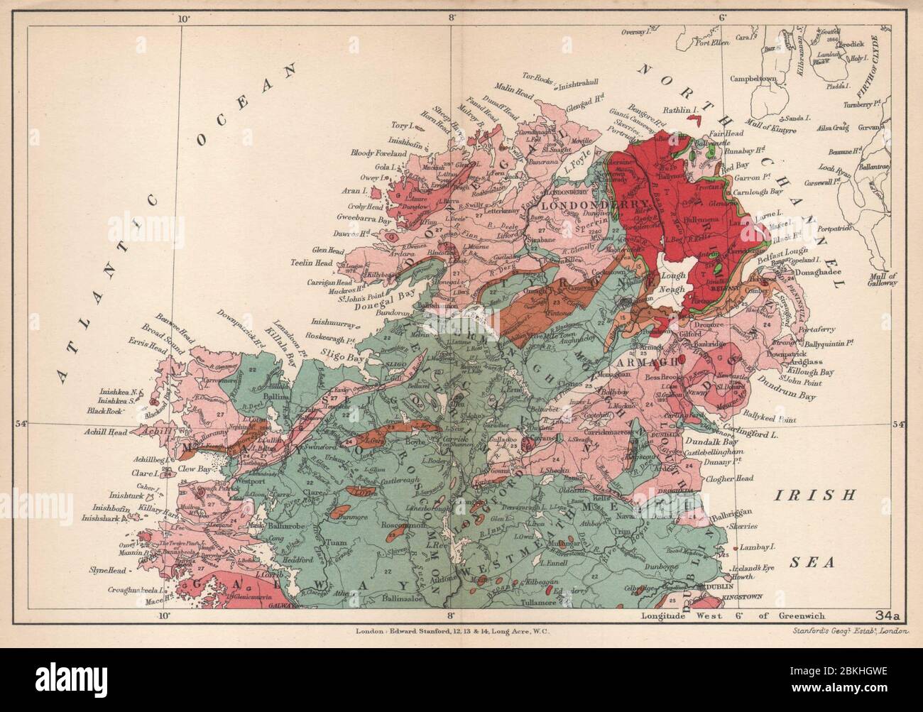 NORTHERN IRELAND Geological map. STANFORD 1907 old antique plan chart ...