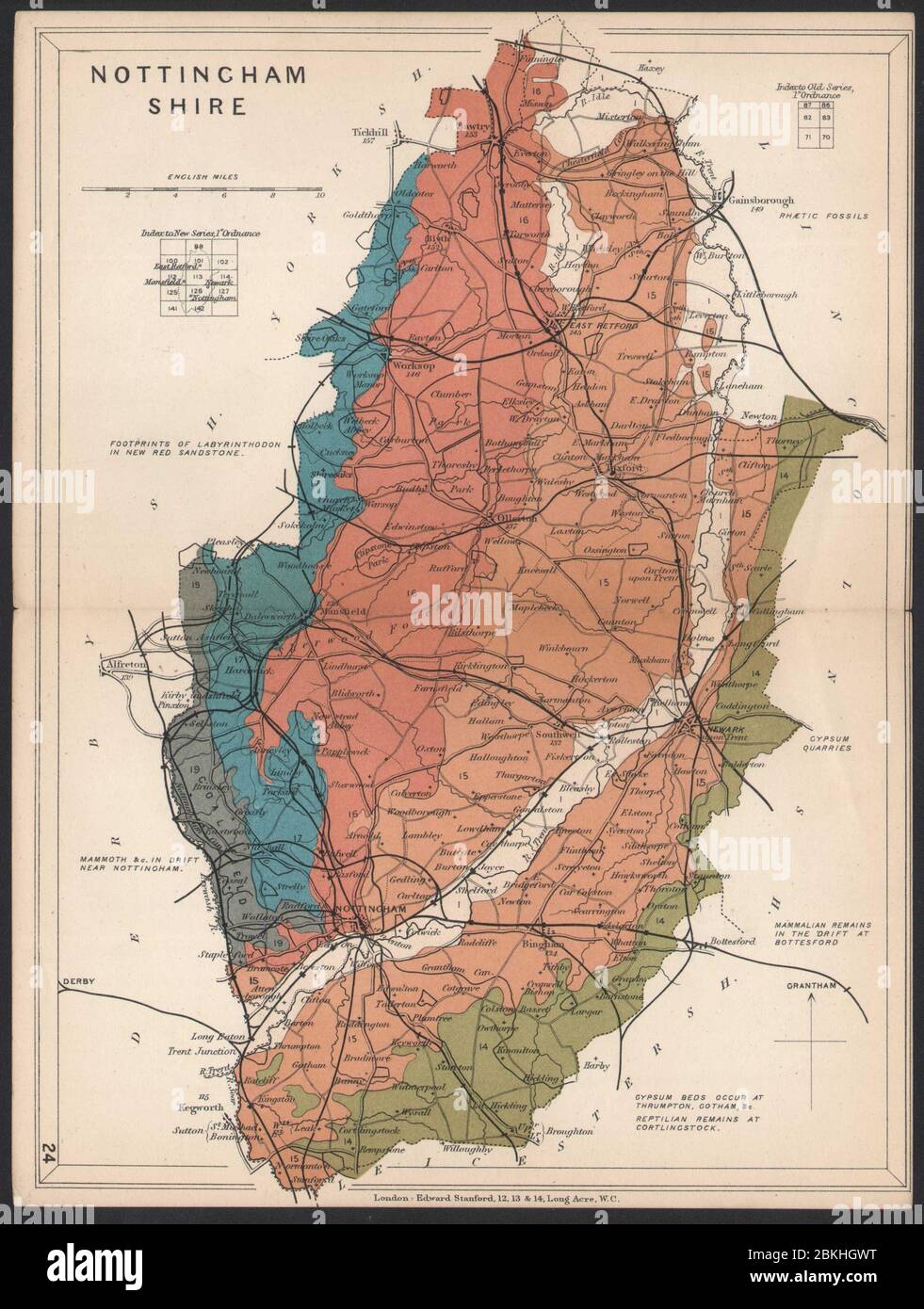 NOTTINGHAMSHIRE Geological map. STANFORD 1907 old antique plan chart ...
