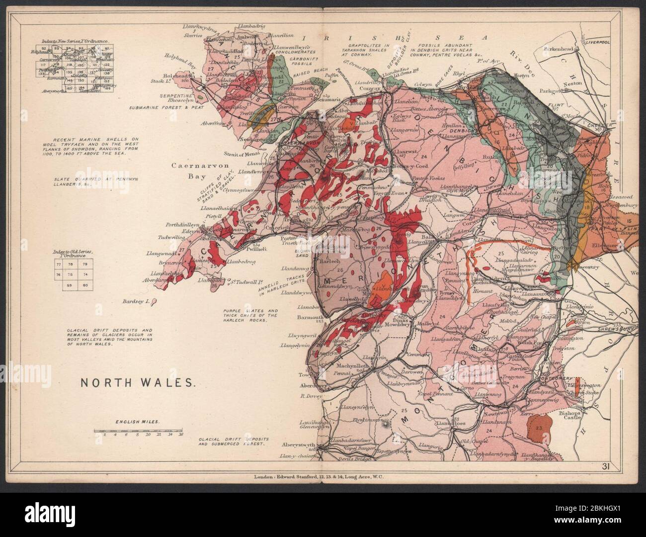 NORTH WALES Geological map. STANFORD 1907 old antique vintage plan ...