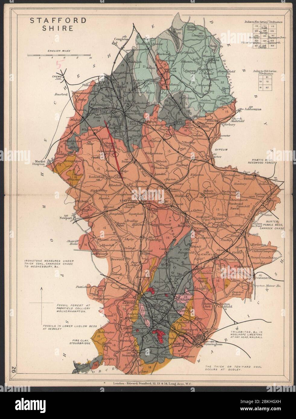 STAFFORDSHIRE Geological map. STANFORD 1907 old antique vintage plan ...