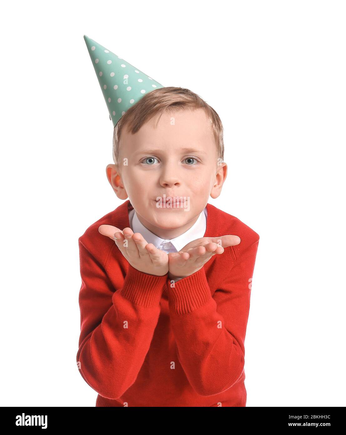 Cute little boy celebrating Birthday on white background Stock Photo ...