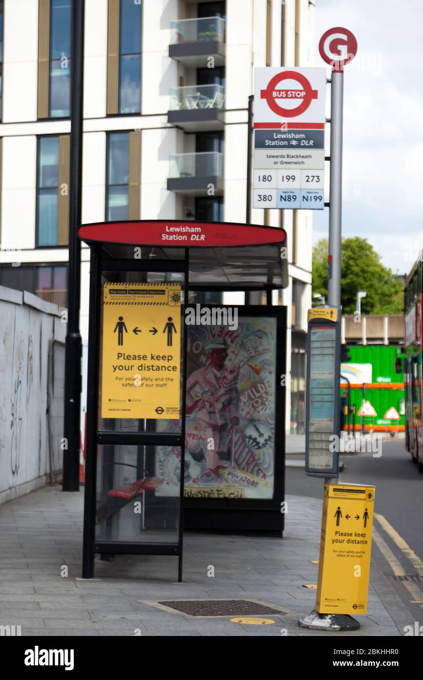 Empty Bus Stop outside Lewisham Station, Loampit Vale, during the COVID ...