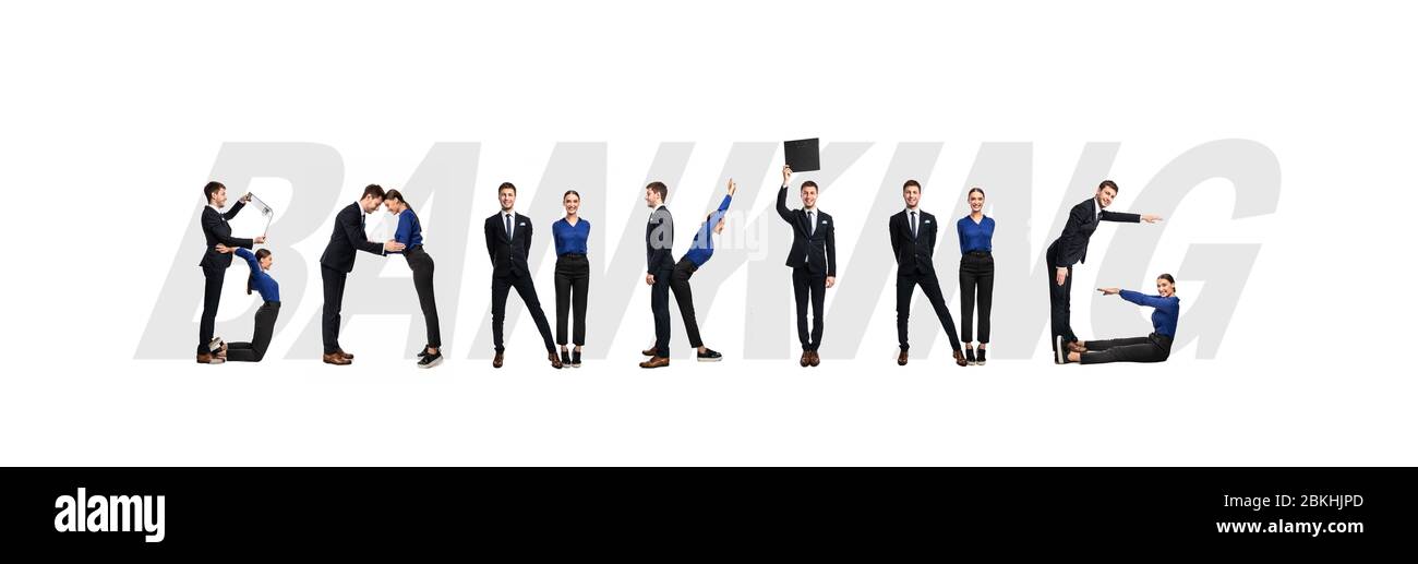 Group of people forming banking word at studio Stock Photo - Alamy