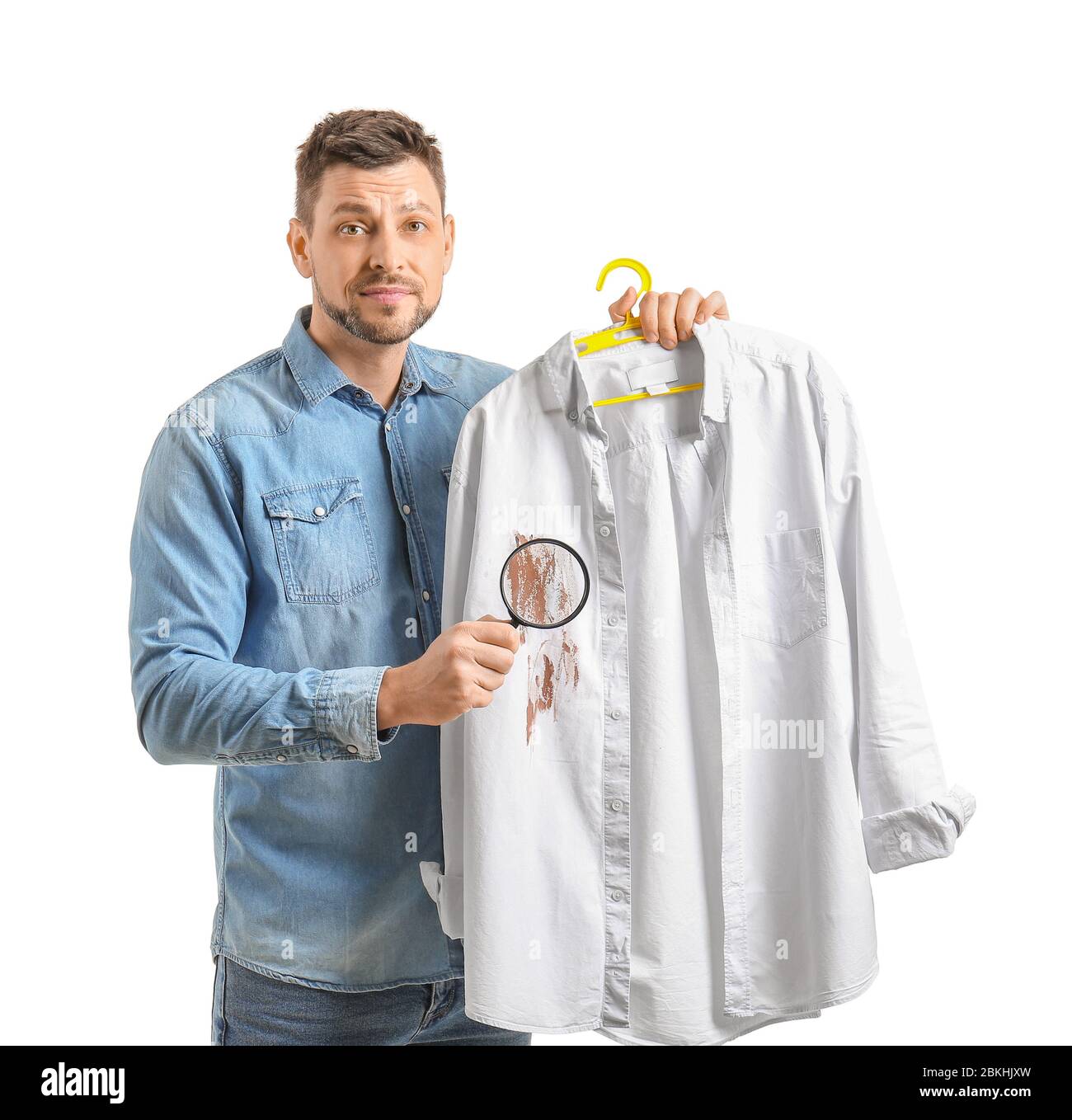 Man with dirty clothes on white background Stock Photo - Alamy
