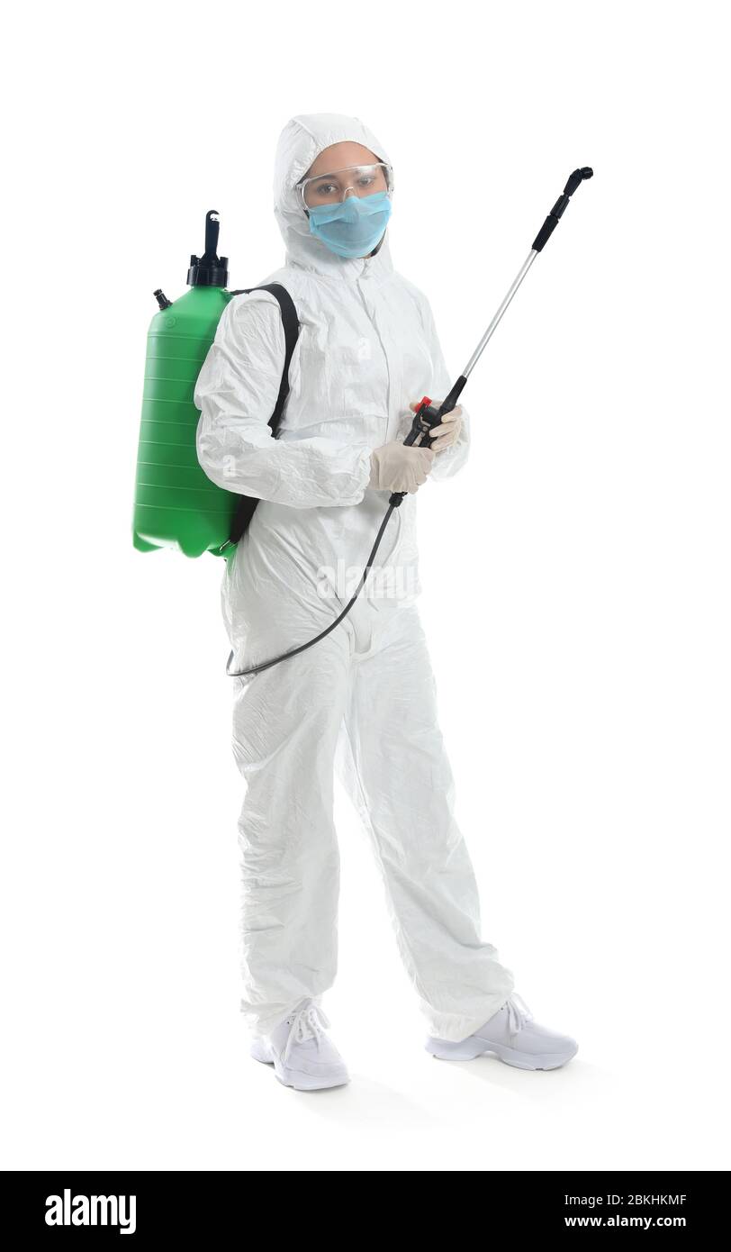 Worker in biohazard suit and with disinfectant on white background ...