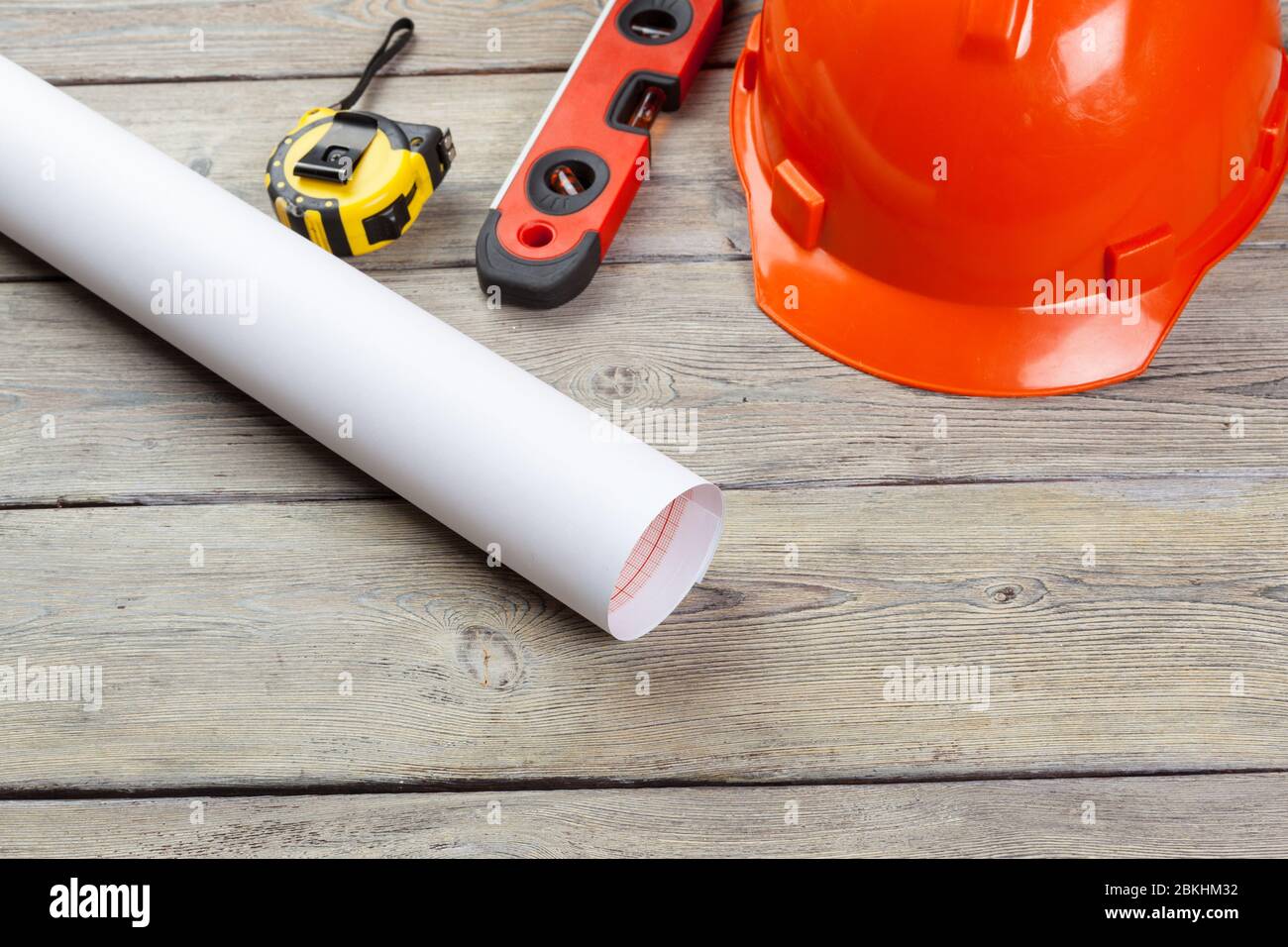 Construction worker supplies and instruments on wooden background Stock ...