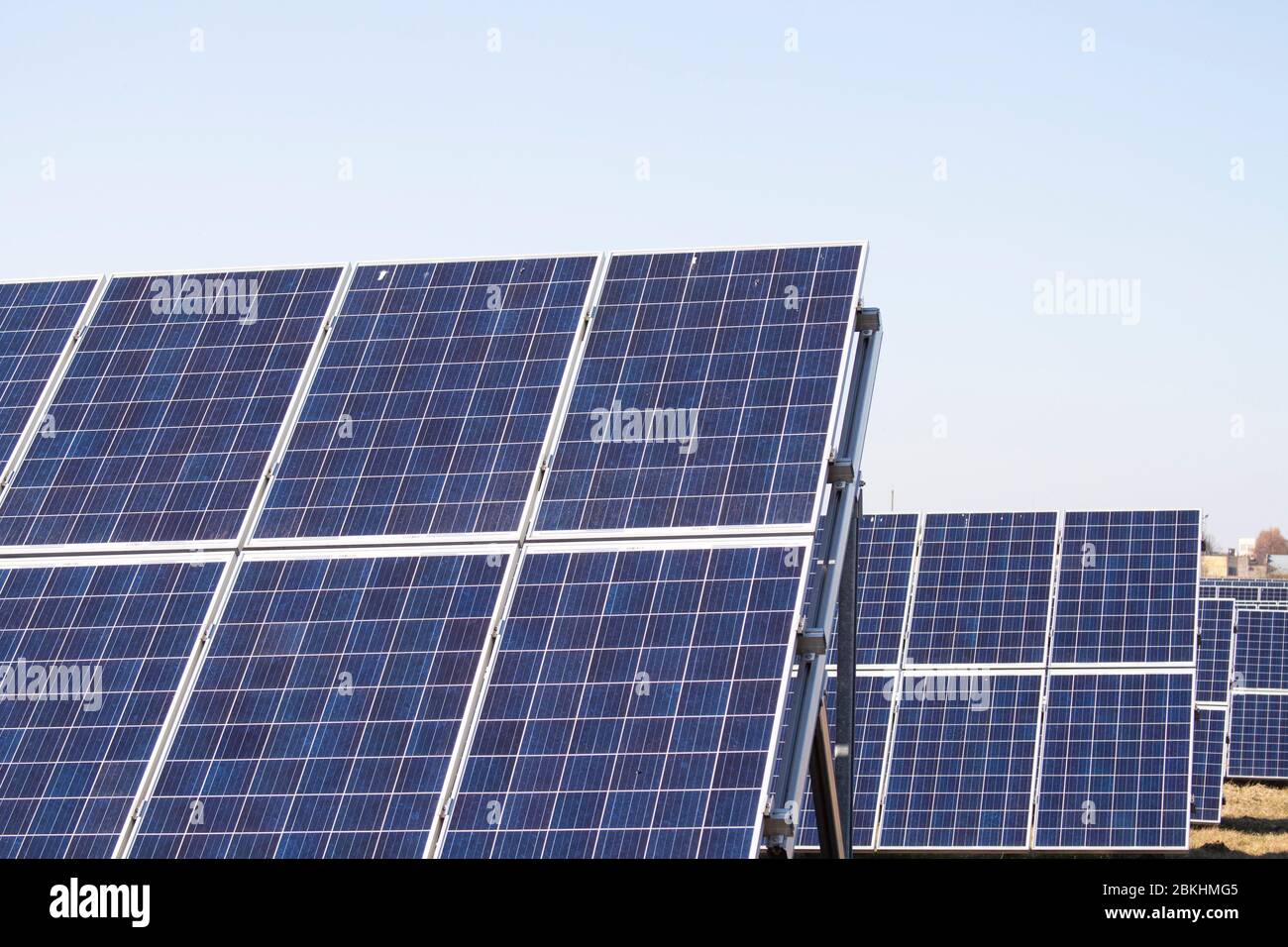 A power plant using renewable solar energy with the sun. solar panels ...