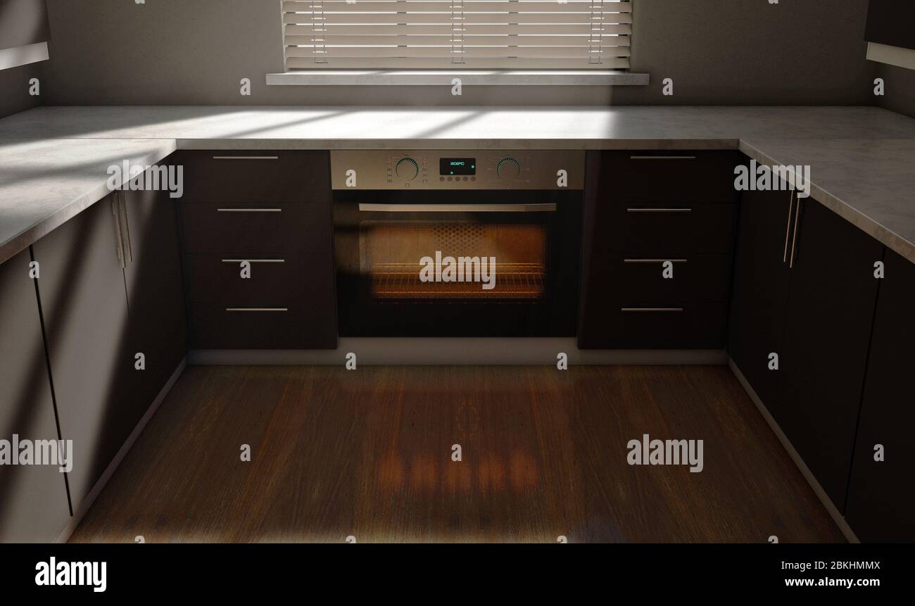 A look across a clean kitchen with cupboards and a closed empty hot ...