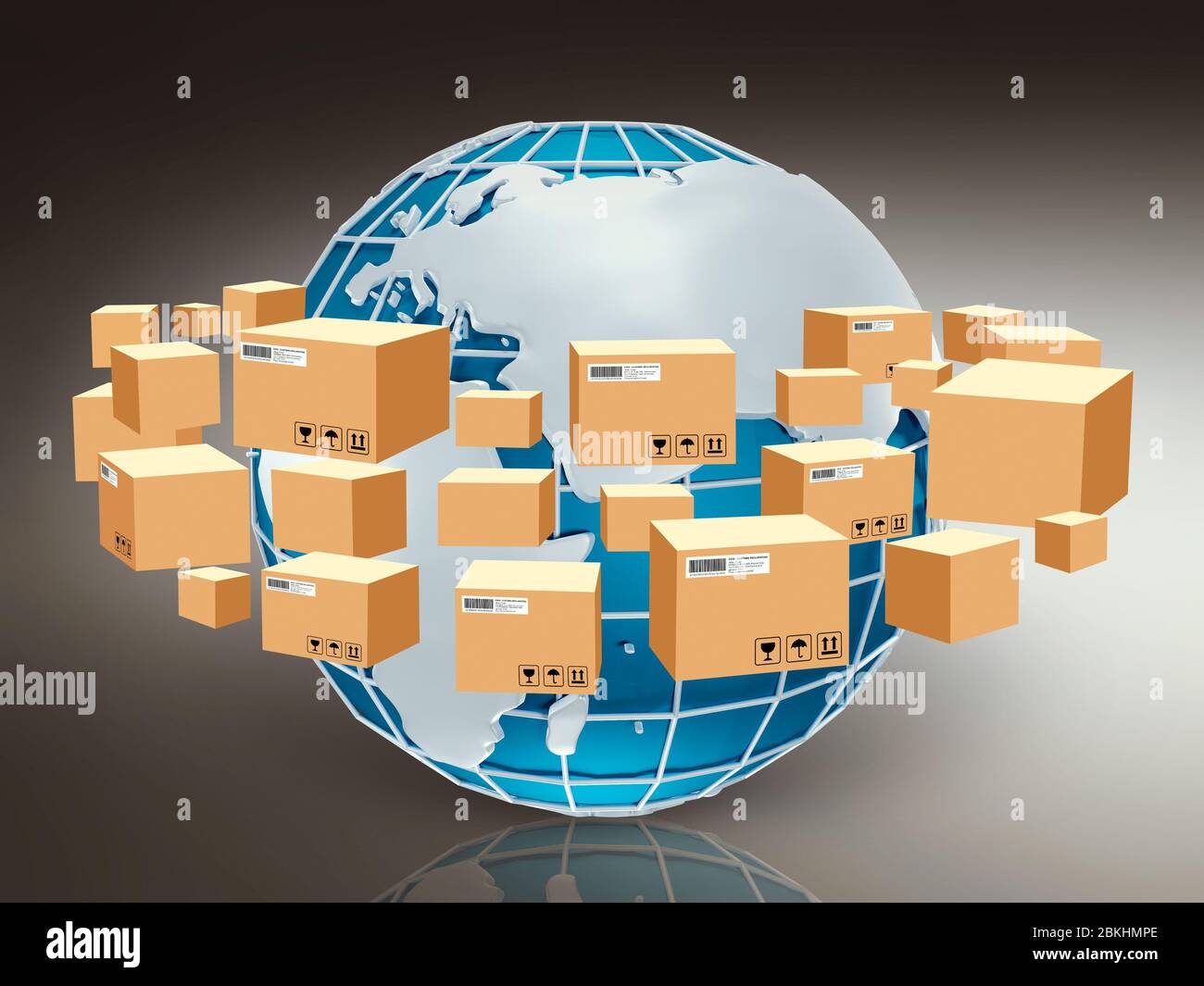 Global logistics. 3D illustration with parcel boxes flying around ...