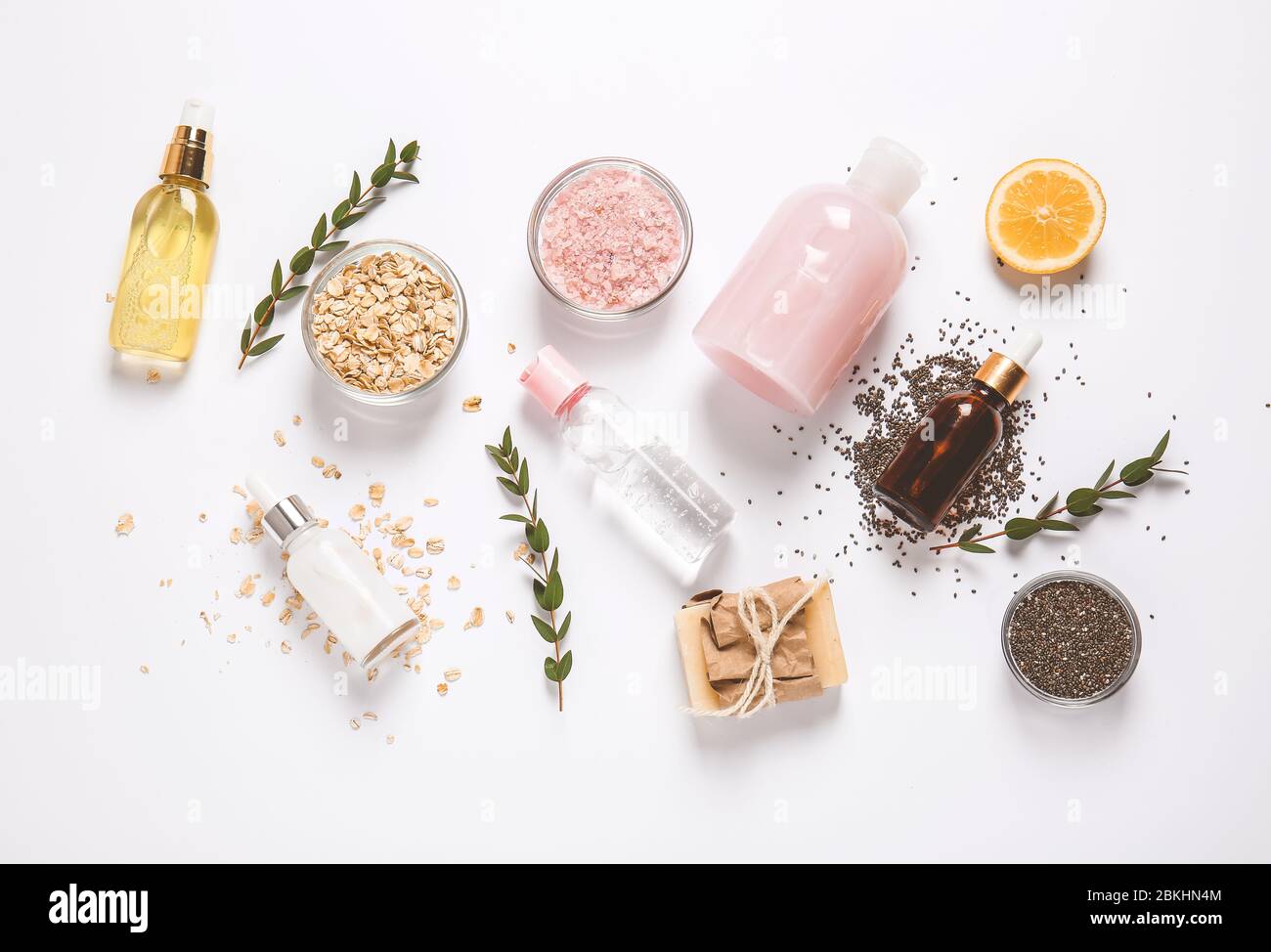 Natural cosmetics with ingredients on white background Stock Photo - Alamy