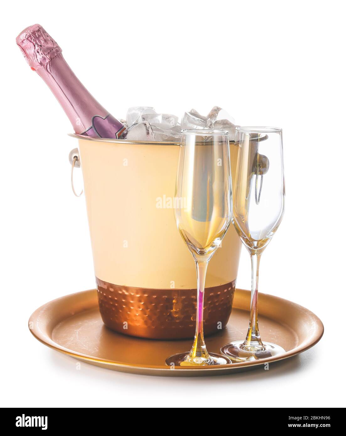 Bucket with bottle of champagne and glasses on white background Stock ...