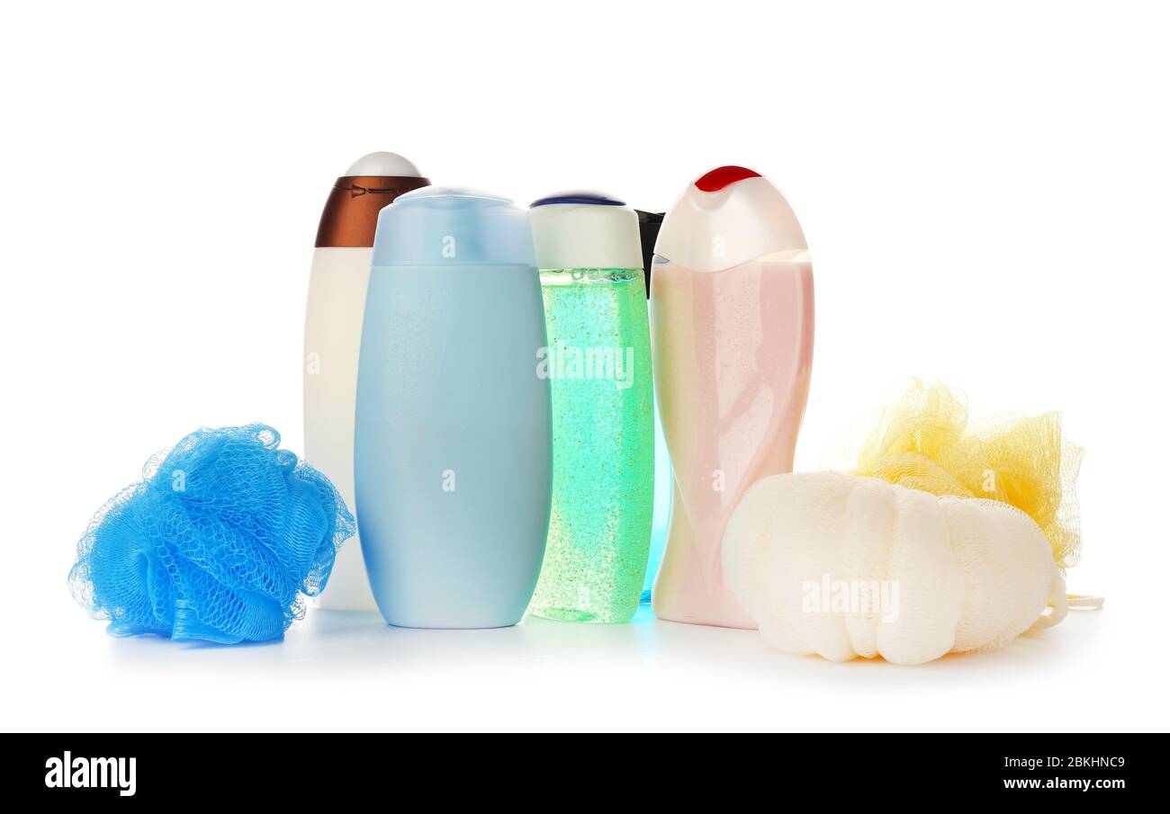 Shower gels on white background Stock Photo - Alamy