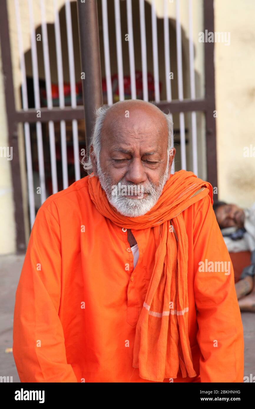 Indian Baba Swami Sadhu Holyman Saddhu in front of temple Haridwar, Varanasi, Rishikesh, India ...