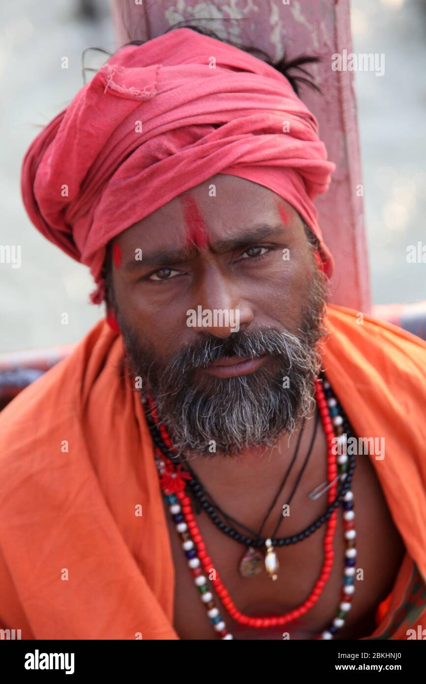 Indian Baba Swami Sadhu Holyman Saddhu in front of temple Haridwar, Varanasi, Rishikesh, India ...