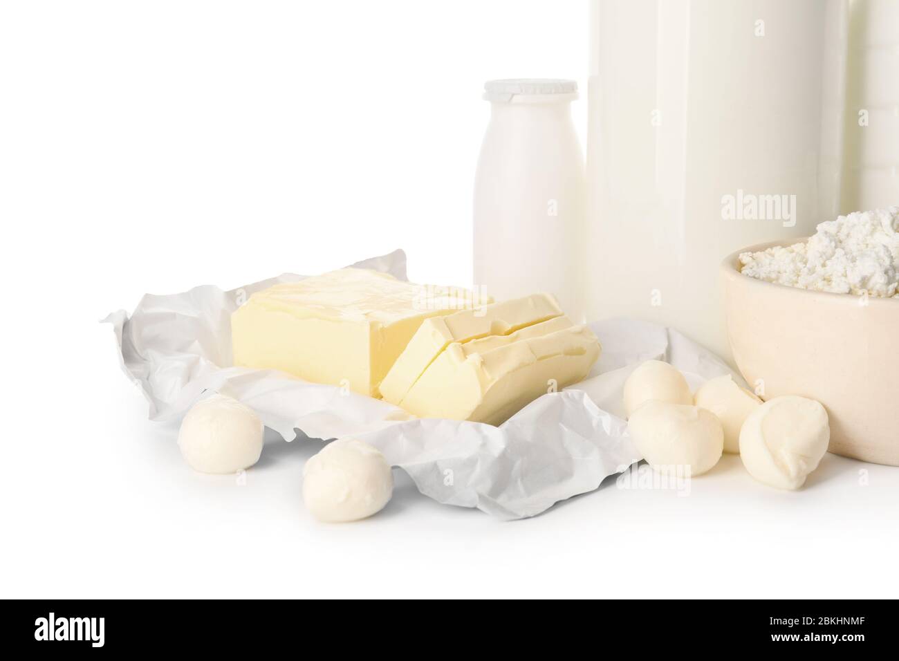 Different dairy products without lactose on white background Stock ...