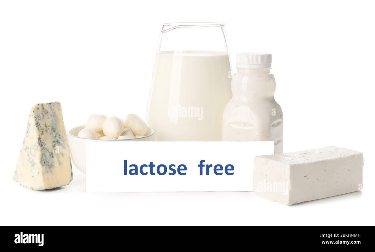 Different dairy products without lactose on white background Stock ...