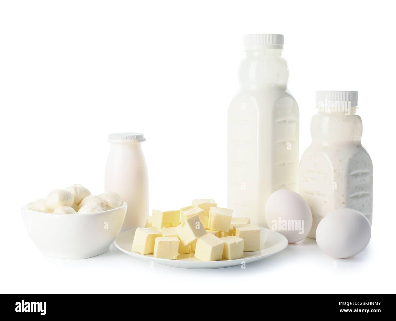 Different dairy products without lactose on white background Stock ...