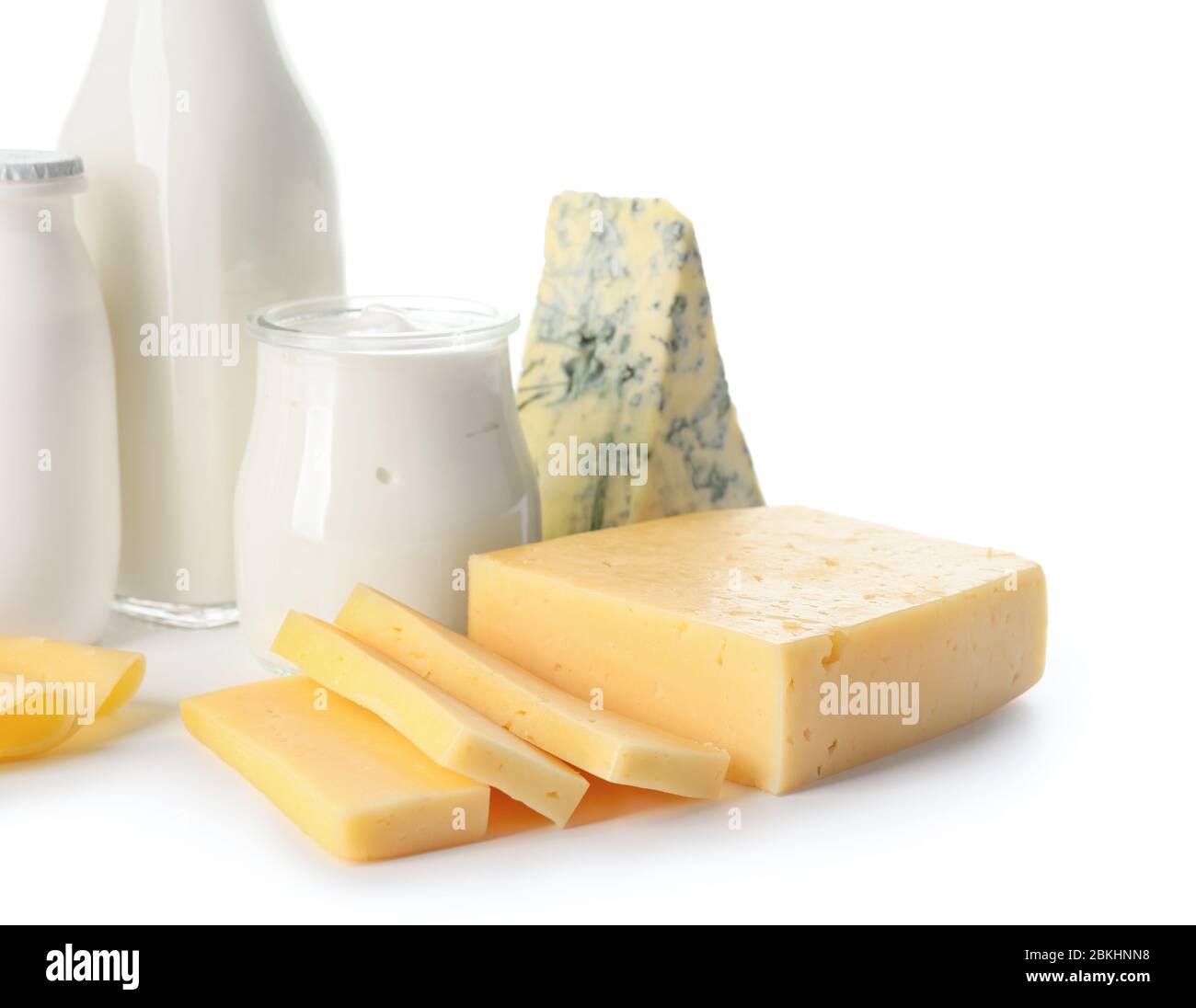 Different dairy products without lactose on white background Stock ...