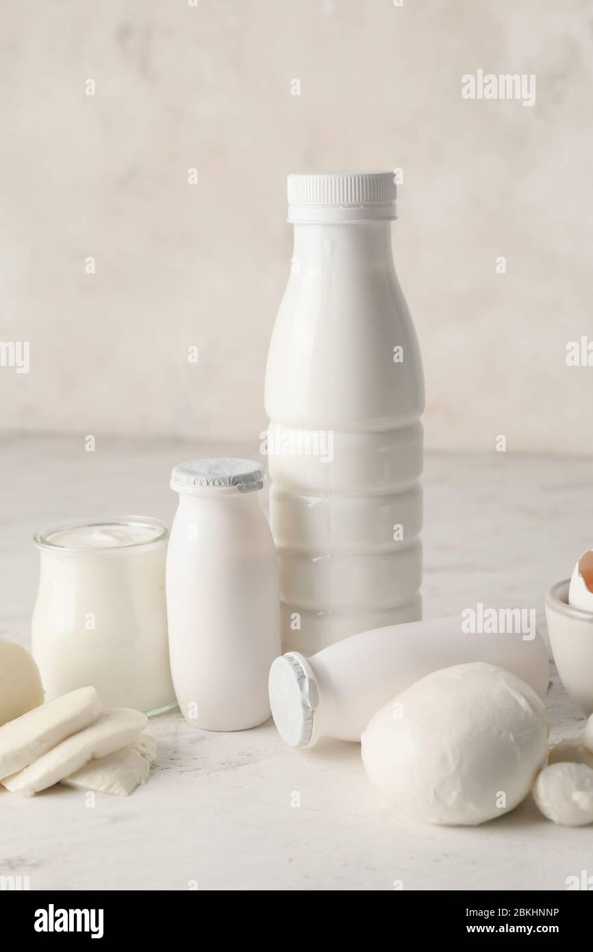 Different dairy products without lactose on light background Stock ...
