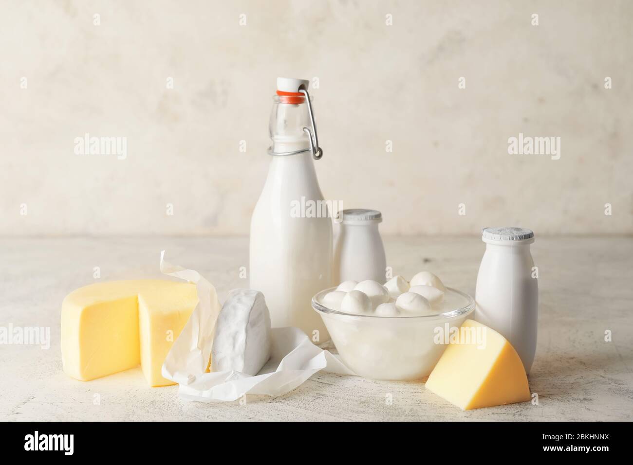 Different dairy products without lactose on light background Stock ...