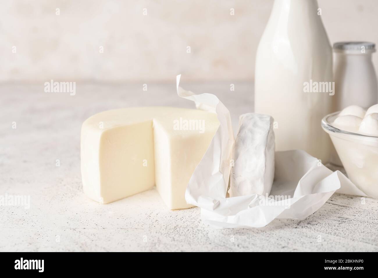 Different dairy products without lactose on light background Stock ...