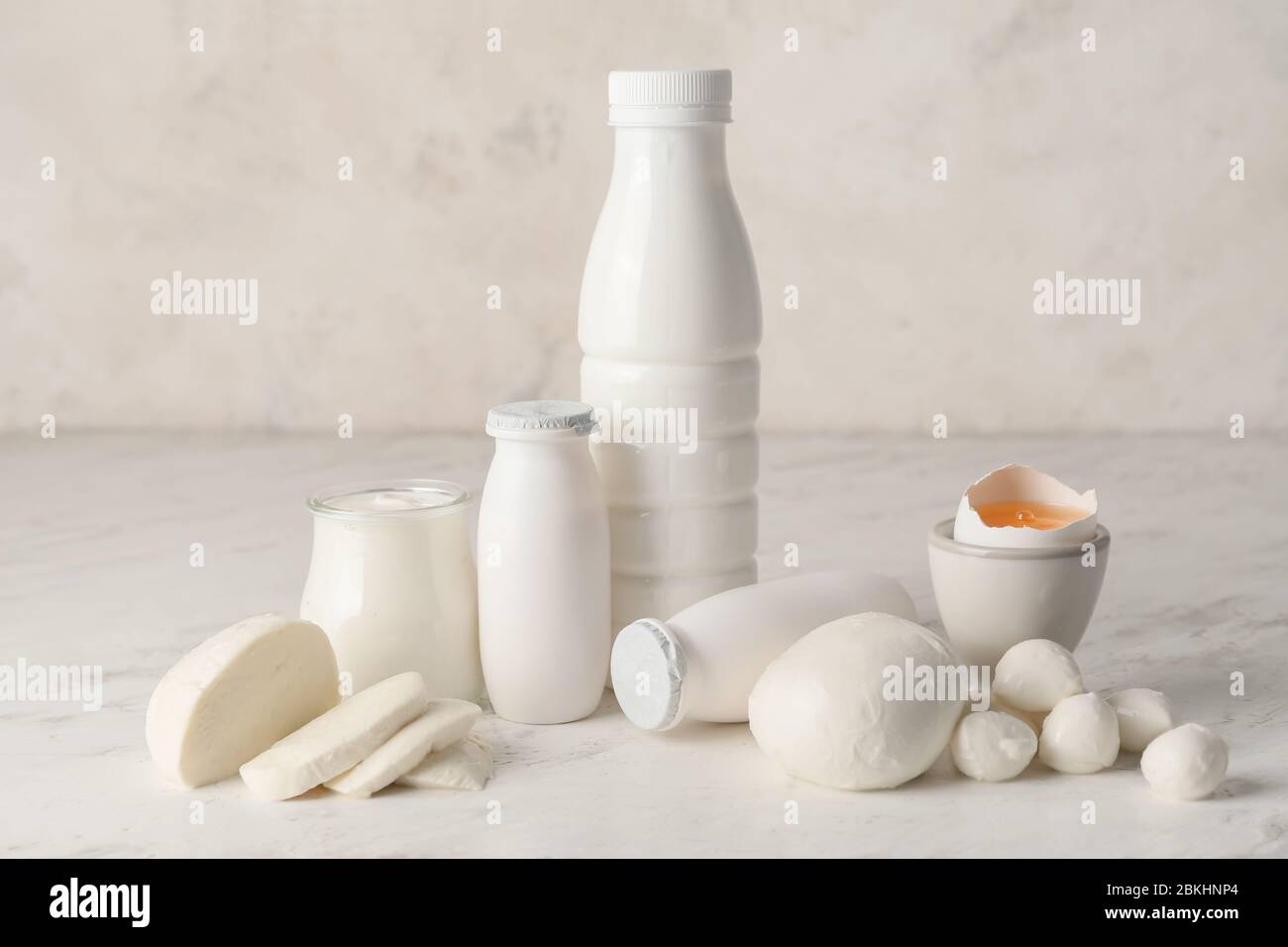 Different dairy products without lactose on light background Stock ...
