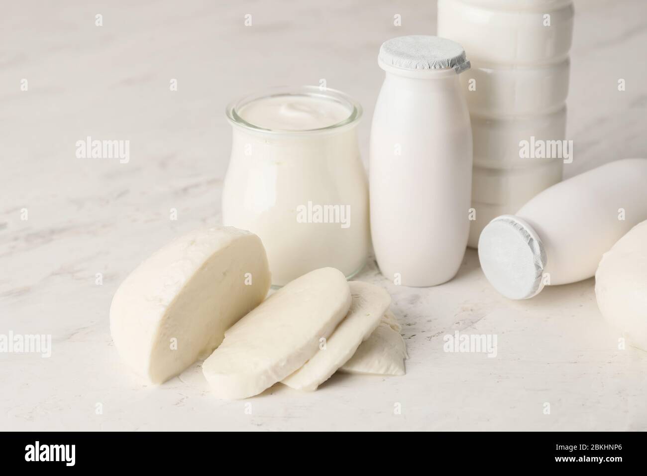 Different dairy products without lactose on light background Stock ...