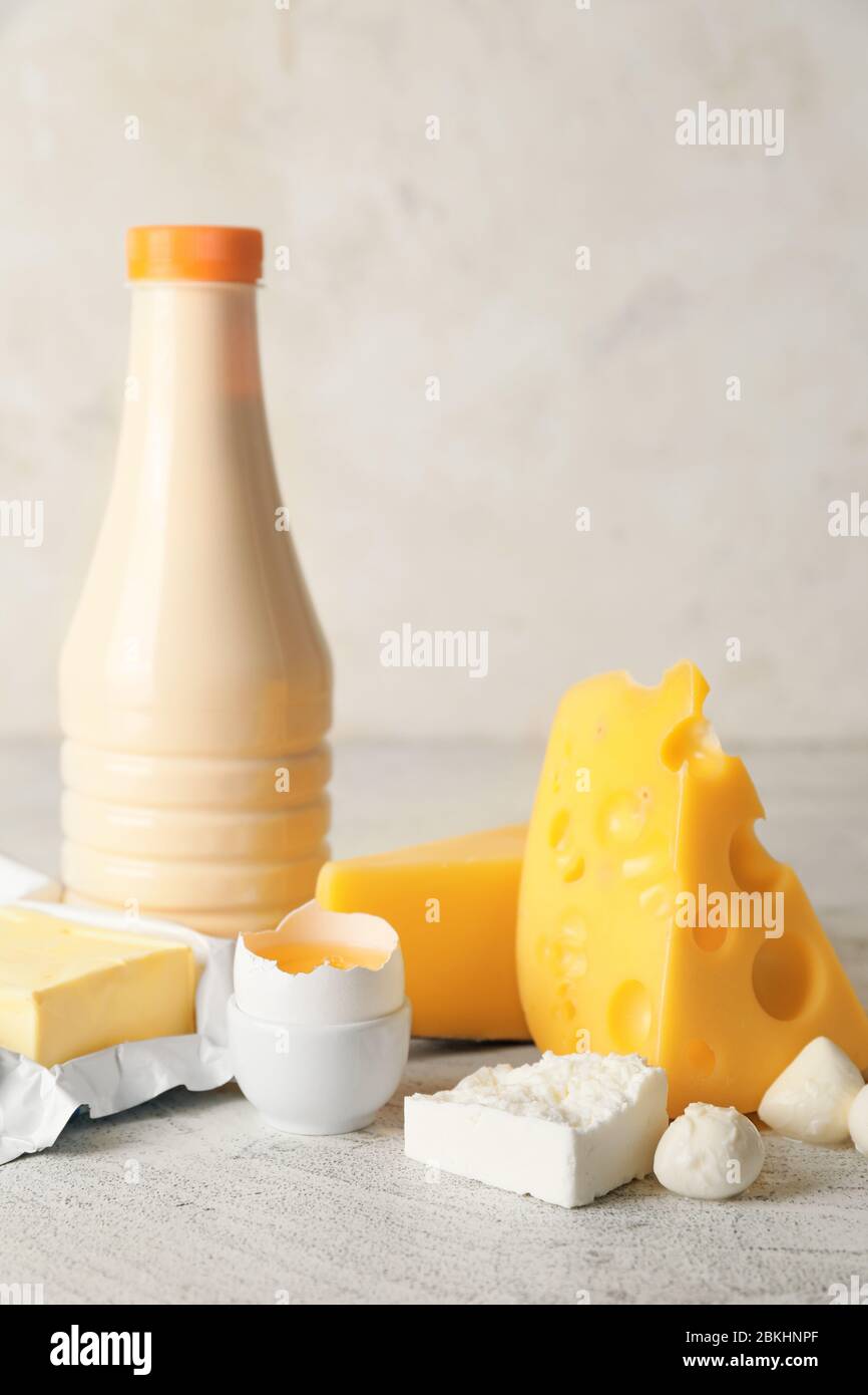 Different dairy products without lactose on light background Stock ...