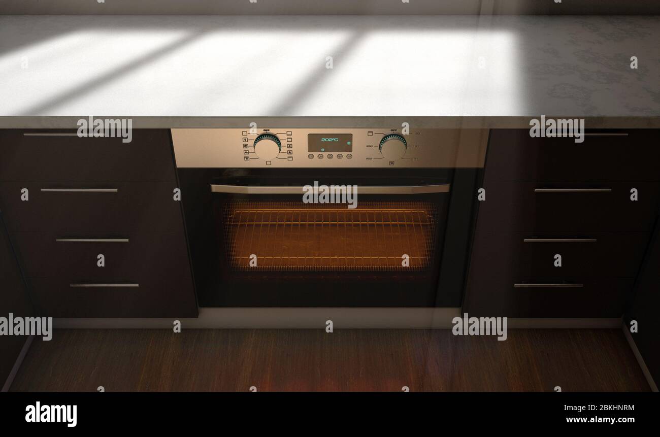 A look across a clean kitchen with cupboards and a closed empty hot ...