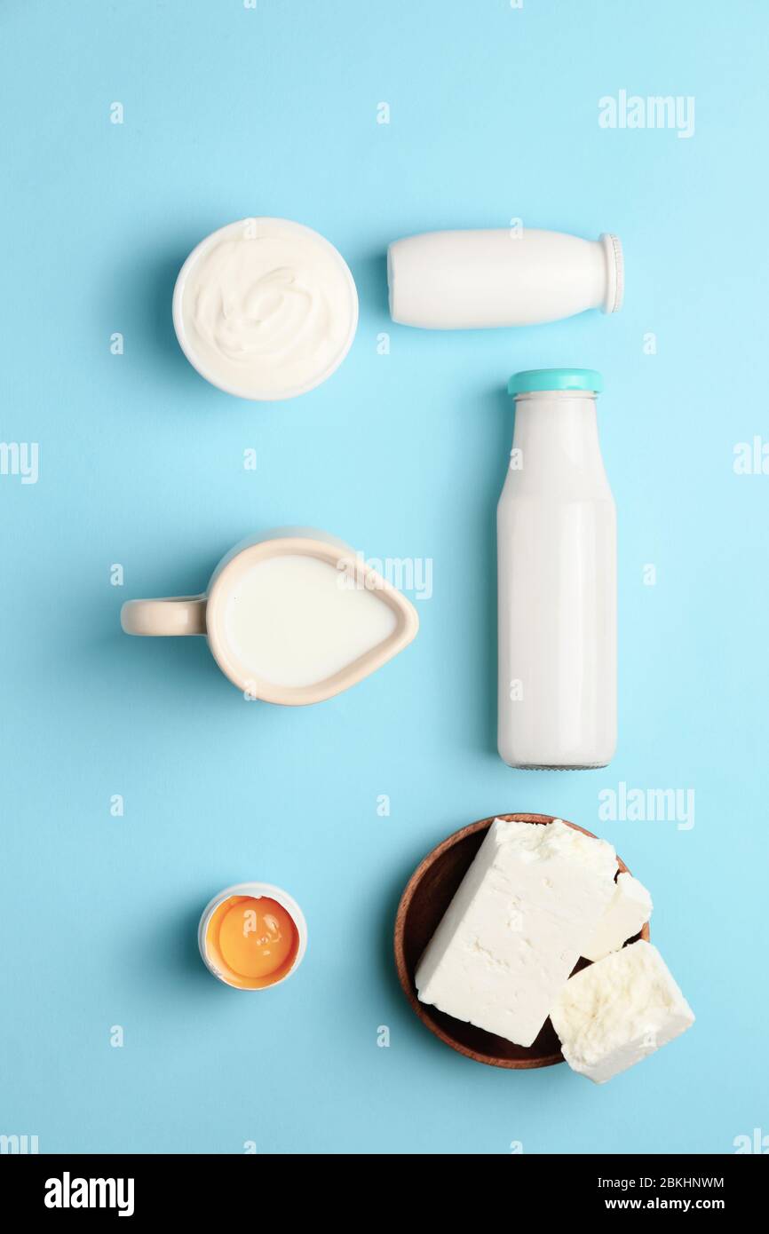 Different dairy products without lactose on color background Stock ...