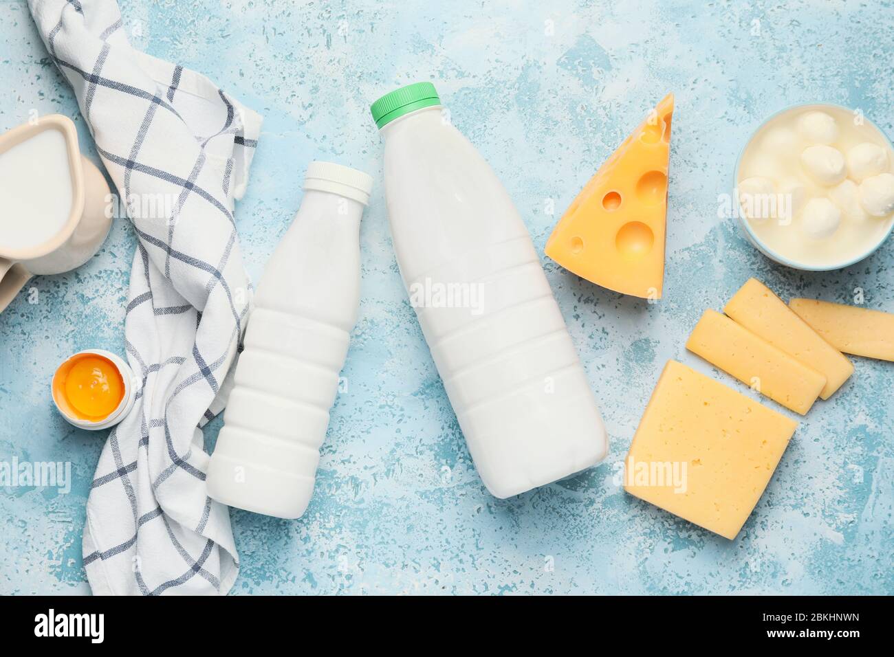 Different dairy products without lactose on color background Stock ...